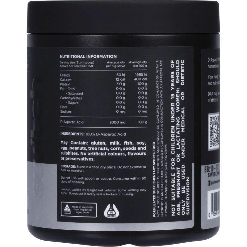 Switch DAA 100% Pure D-Aspartic Acid Unflavoured | Australian Vitamins